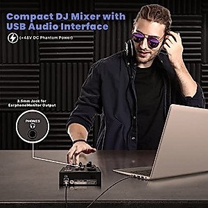 Pyle Professional Wireless DJ Audio Mixer - 2-Channel Bluetooth DJ Controller Sound Mixer w/USB Audio Interface, RCA In, Combo Jack XLR+6.35mm Microphone/Line/Guitar In, Headphone Jack - PAD12MXUBT