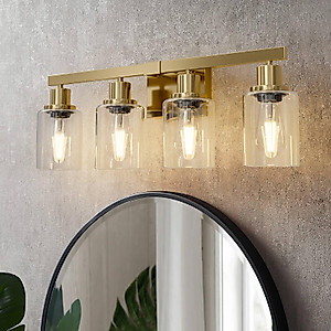 DIKAIDA Bathroom Vanity Light, 4-Light Modern Matte Gold Wall Sconce Lighting with Clear Glass Shade, Black Wall Lights,Bath Vintage Wall Mounted Lamps for Mirror Bedroom Living Room