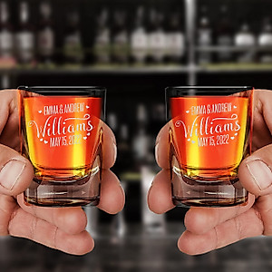 (Set of 2) Personalized Wedding Engraved Square Heavy Base Prism Shot Glass 2 oz. with Gift Box, Custom Names and Date, Gifts for Bride and Groom (Last Name)