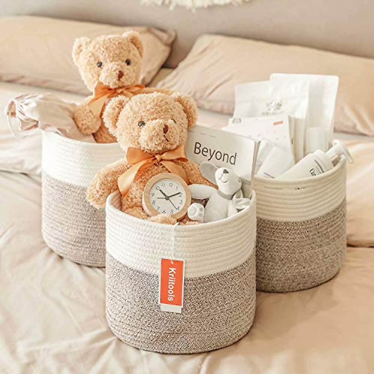 Kriitools Cotton Rope Storage Basket with Handles Set of 3,Small Laundry Basket Round Woven Storage Bins for Nursery,Kids&Pets Toys,Clothes Shelf Organizer|11x11x11”Cube Storage Bins(Brown,KT03WBR)