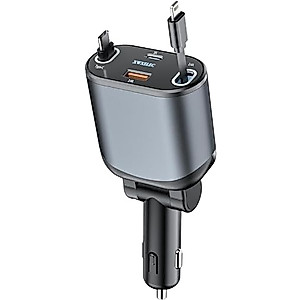 4 in 1 Retractable Car Charger with USB Type C and iPhone Lightning Cord and 2 Fast Charging Ports, 78W Cigarette Lighter for iPhone 15/14/13 Pro Max Plus Mini, Samsung Galaxy Phone
