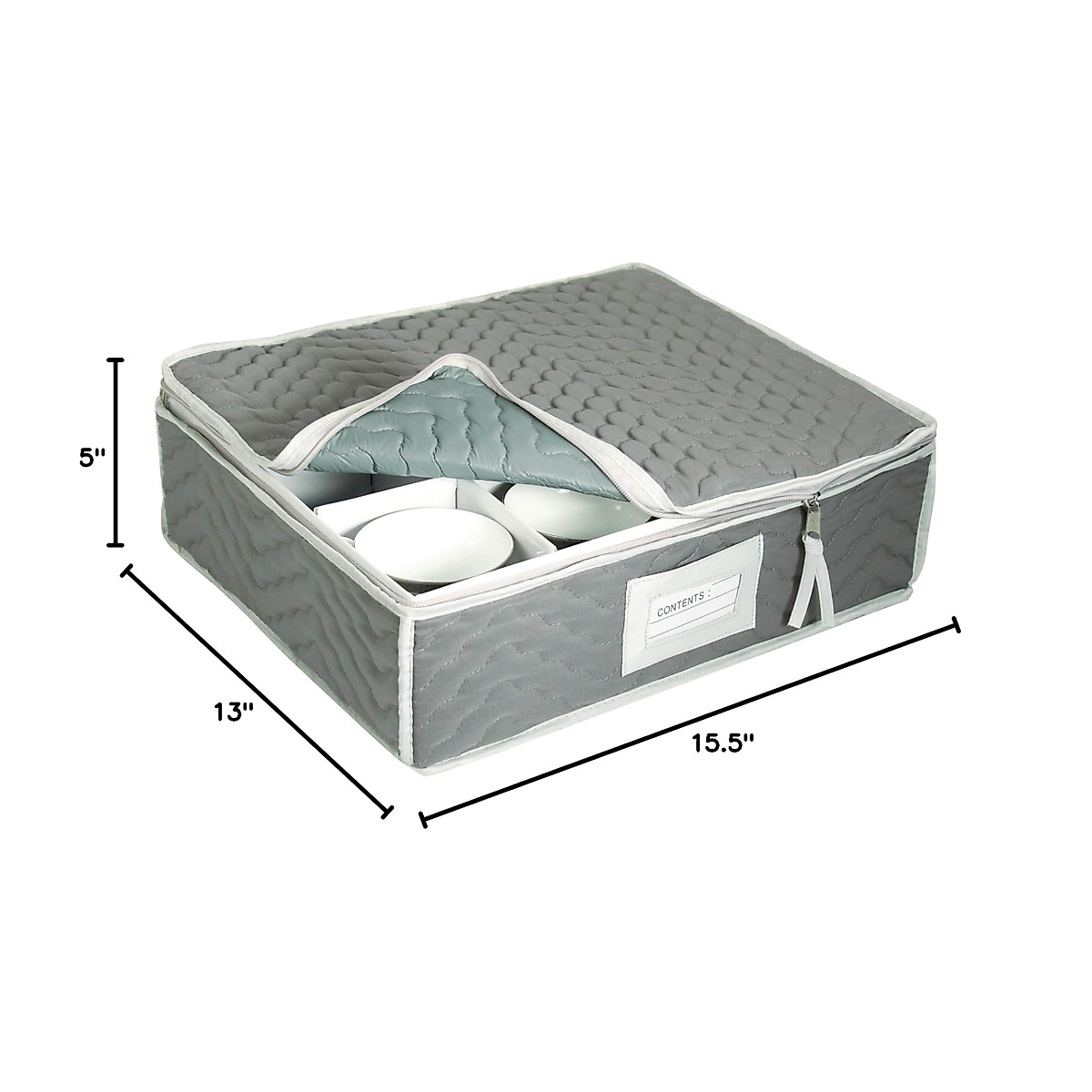 China Cup Storage Chest - Deluxe Quilted Microfiber (Light Gray) (13"H x 15.5"W x 5"D)