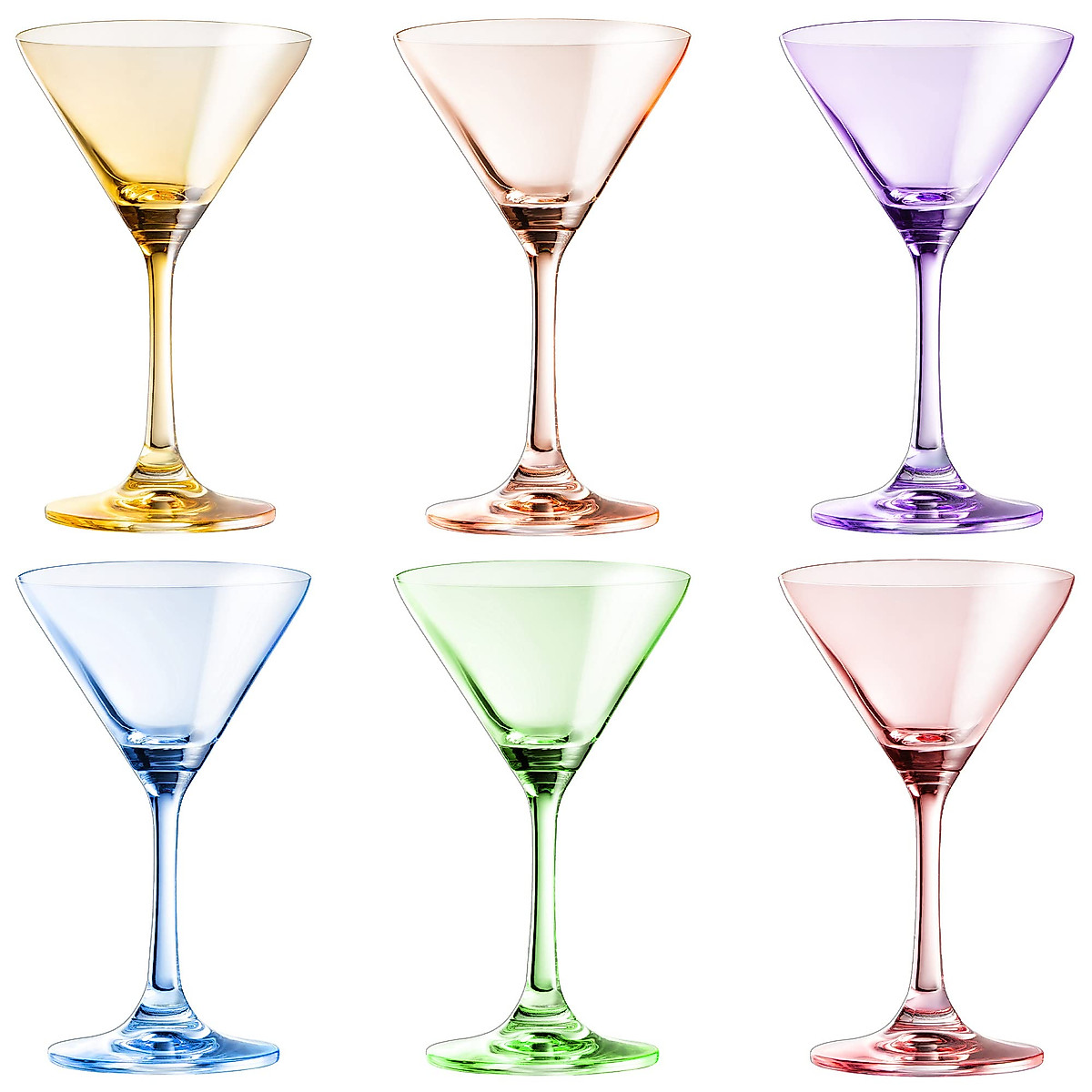 The Wine Savant Martini Glasses Set of 6, 8oz, Crystal Luxury Martini Glass - Elegant Colors, Hand-Blown, Art Deco Cocktail Colored Coupes For Manhattan, Cosmopolitan, Sidecar, Stemmed Goblets