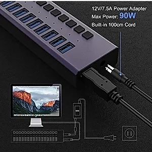USB 3.0 Hub -16 Ports Powered USB Hub 90W USB Charging Hub with Individual On/Off Switches and 12V/7.5A Power Adapter and Lights for PC, Laptop, Computer, Mobile HDD, Flash Drive and More（Purple）