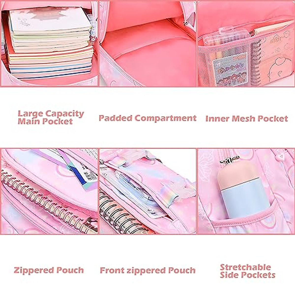 BYXEPA Girls Backpack, 16.5 * 13.5 * 7 inches School Backpack for Girls, Lightweight Kids Backpack with Compartments, Kids' School Book Bag for Elementary Student (Pink)