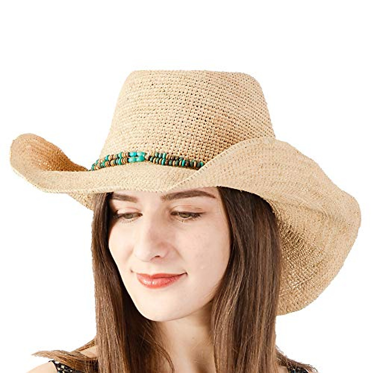 NAMANANA Raffia Straw Cowboy Hat,Women Men Crocheted Summer Straw Hats,Western Cowboy Hat,Beach Sun Hats,Medium Natural