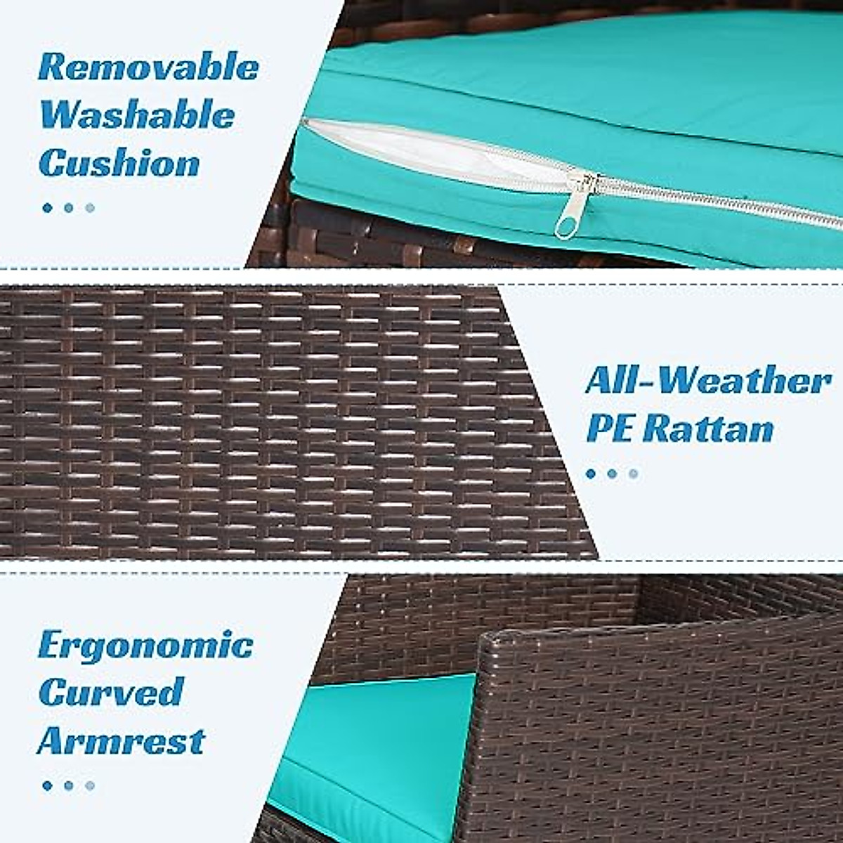 HKLGorg 3 Piece Patio Set Outdoor Patio Furniture Set, Wicker Patio Set, Outdoor Bistro Set with Cushions and Glass Top Coffee Table, Patio Conversation Set for Garden Balcony Backyard Poolside, Blue