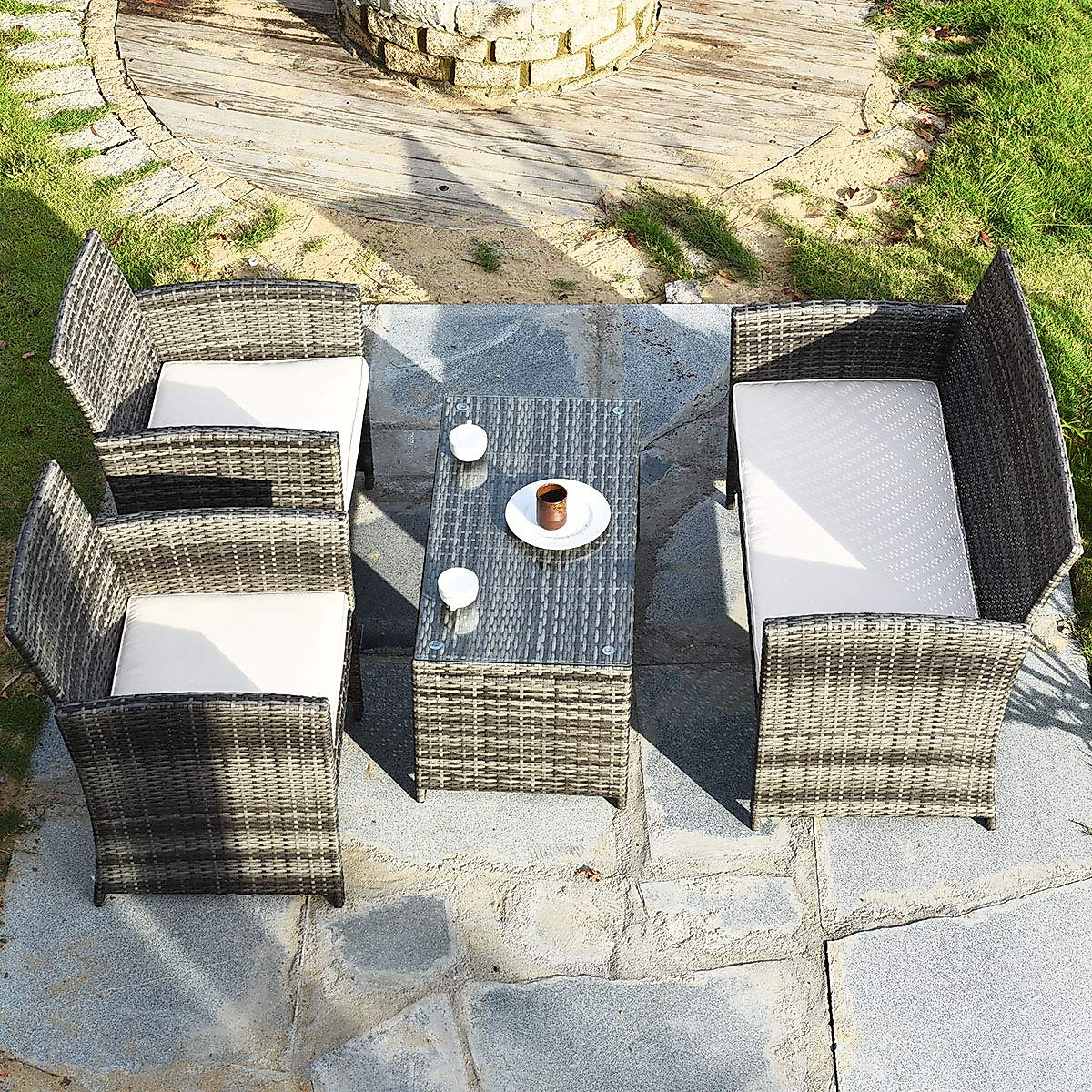 Toolsempire Outdoor Conversation Set, 4 Pieces Wicker Patio Furniture Set with Ergonomic Curved Design, Patio Chair Set with Water-Resistant Cushion & Tempered Glass Table for Backyard, Porch(Beige)