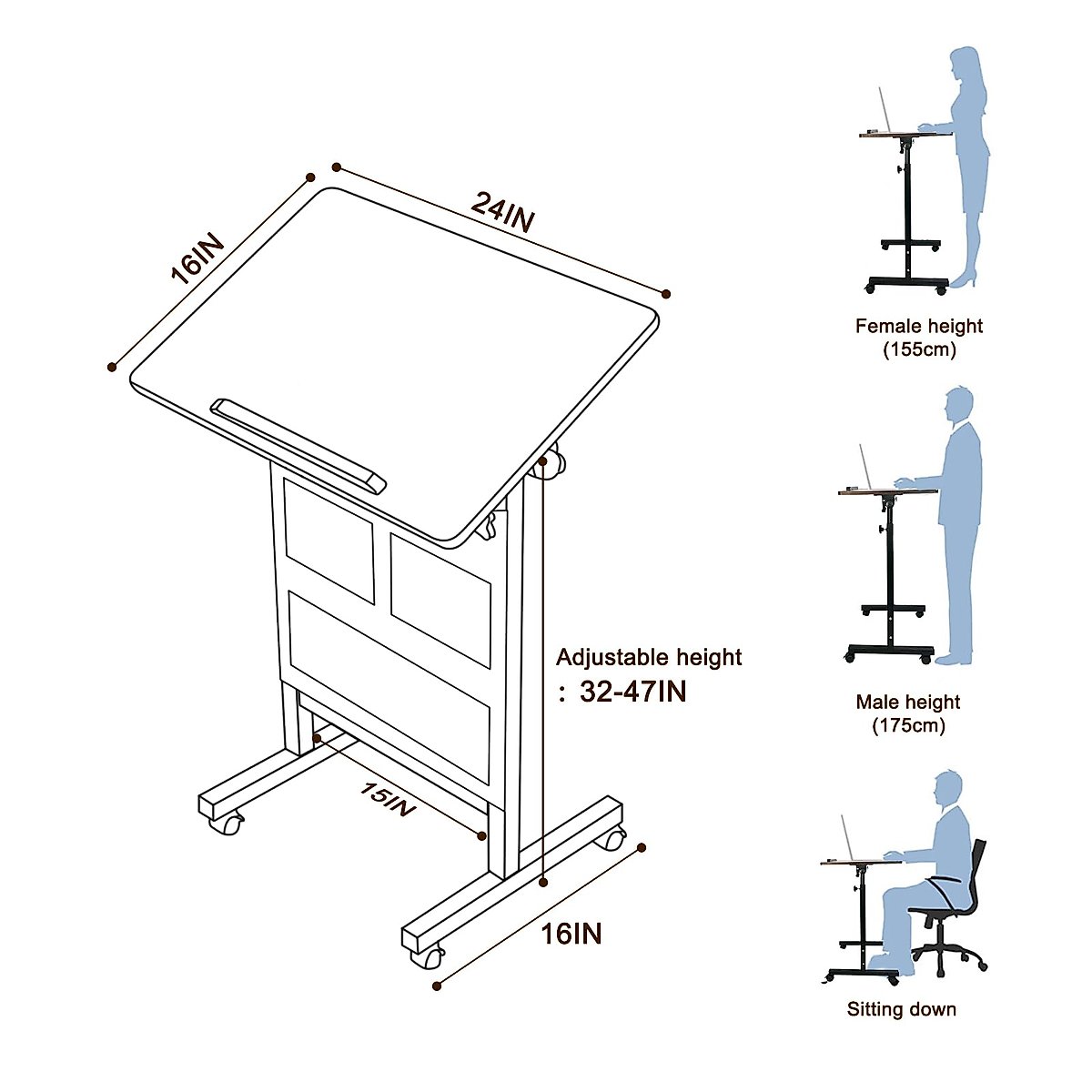 KOUPA Height Adjustable Standing Desk with Storage Bag 16 x 24 in, Portable Rolling Mobile Stand Up Table with Wheels, 360° Flip Laptop Computer Desk for Home Office, Rustic Brown