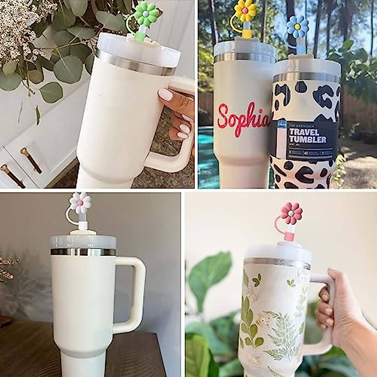 AIERSA Straw Cover for Stanley Cup,8Pcs Flower Straw Covers Compatible with Stanley 30&40oz and Simple Modern with Handle Tumbler with Handle,Silicone Straw Topper Caps for Stanley Cups Accessories