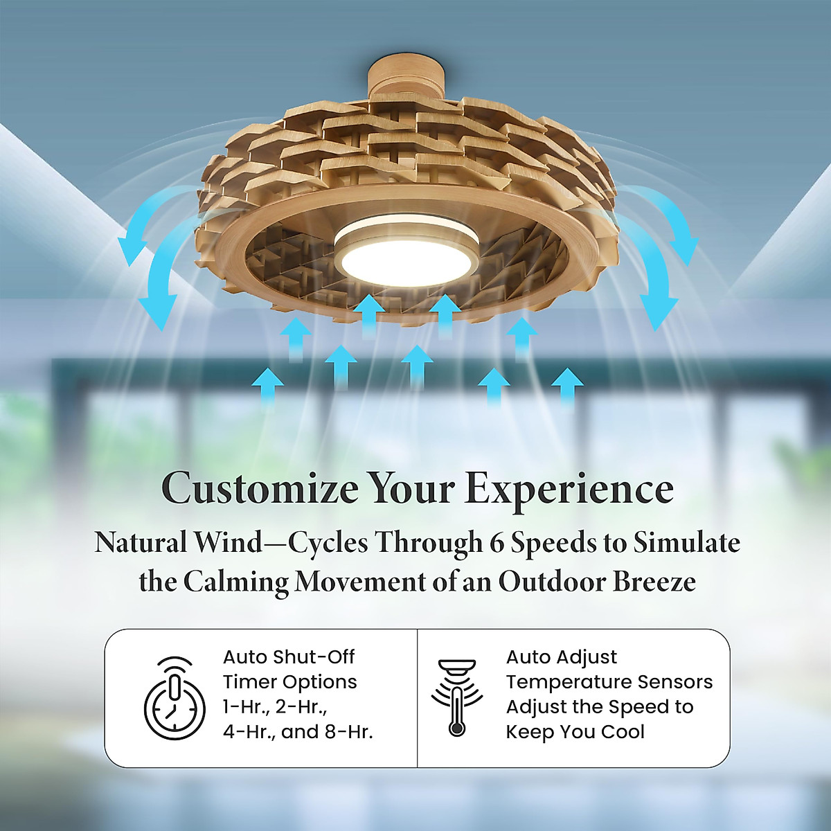 Todays Fans Bladeless Ceiling Fan with Lights & Remote – LUMIO 28" Low-Profile Downrod or Flush Mount Ceiling Fan with Lights for Bedroom & More – Dimmable LED, Night Light & Wi-Fi Connect, Faux Wood