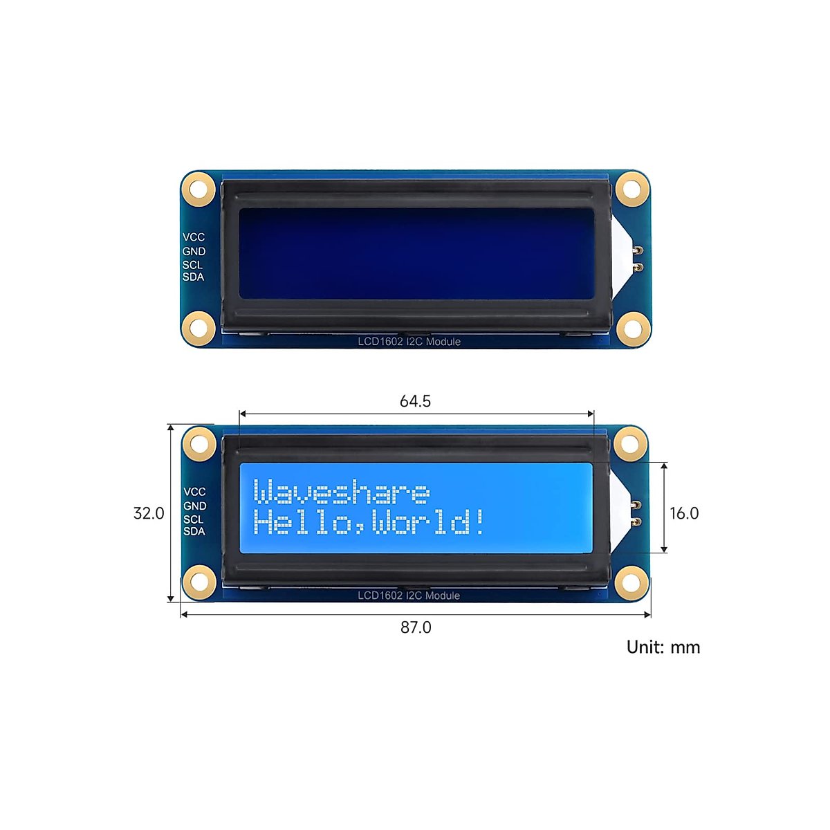 Waveshare 1602 LCD I2C Display Module, White Color with Blue Background 16x2 Characters LCD für Raspberry Pi/Raspberry Pi Pico/Jetson Nano/ESP32/Arduino, 3.3V/5V Compatible