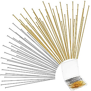 500 Pieces Flat Head Pins for Jewelry Making 2 Inch Straight Head Pins Metal End Headpins DIY Head Pin Findings with Plastic Box for Craft Earring Bracelet Necklace Pendant Supplies (Gold, Silver)