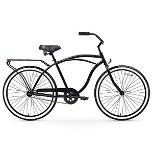 sixthreezero Around The Block Men's Beach Cruiser Bike, Single Speed Step-Through Touring Hybrid Bicycle with Rear Rack, 26 Inch Wheels, Matte Black