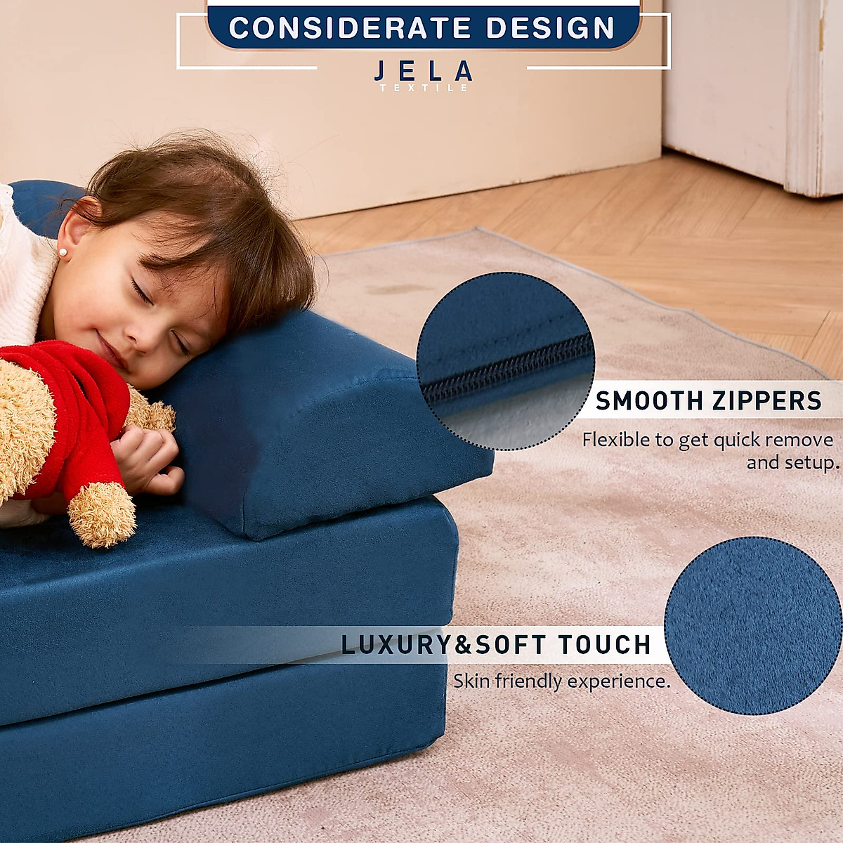 jela Kids Couch Large, Floor Sofa Modular Funiture for Kids Adults, Playhouse Play Set for Toddlers Babies, Modular Foam Play Couch Indoor Outdoor (57"x28"x18", Navy Blue)