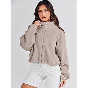 ANRABESS Women's Sweatshirts Full Zip Up Bomber Jacket Oversized Fleece Crop Sherpa Coat Long Sleeve High Neck Teddy Winter Pullover Active Sport Tops Outwear 1097 M, Khaki