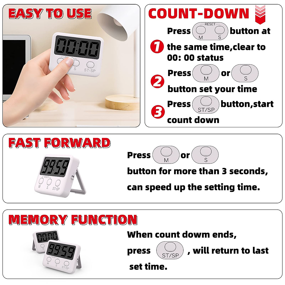 2 Pack Timer, Classroom Timer for Kids, Kitchen Timer Digital for Cooking, Egg, Study, Teacher, Exercise, Oven, Baking, Cook, Desk (AAA Battery Not Included