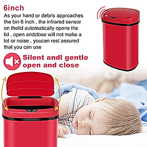 13 Gallon 50 Liter kitchen Trash Can with Touch-Free & Motion Sensor, Automatic Stainless-Steel Garbage Can, Anti-fingerprint Mute Designed Trash Bin Touchless Trash Can for Office Bedroom, Red