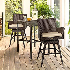 Barton 2 Pieces Swivel Bar Stool w/Foot Rest Weather Resistant Fabric Cushion Outdoor Patio Furniture Wicker Rattan