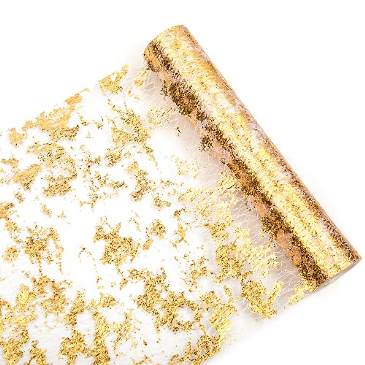 WELTRXE Gold Table Runner, Glitter Metallic Gold Thin Mesh Table Runner Roll 11 Inch x 16 Feet, Event Party Supplies Fabric Table Decorations for Wedding, Bridal Shower, Baby Shower, Birthday Party