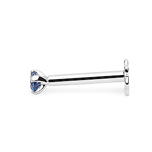 Demira Jewels 2.20mm Solitaire Real Blue Sapphire Solid 14K White Gold Nose Pin, Lip Labret, Monroe Ring Stud Screw - 16 Gauge, 8mm Long Post.
