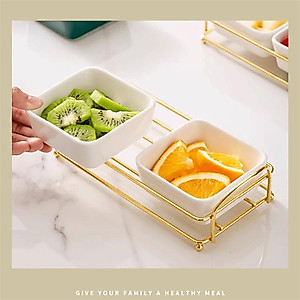 HEXEH Salad Plate Porcelain Ice Cream Bowls, White Bowls for Kitchen, Square Serving Bowls for Appetizers Dessert Salads Fruits with Metal Tray. Plastic Plate (Color : Brass)