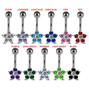 Black CZ Crystal Gemstone Stylish Studded Flower 925 Sterling Silver Belly Ring Body Jewelry