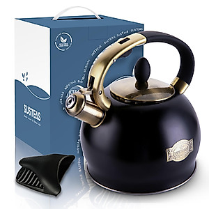 SUSTEAS Stove Top Whistling Tea Kettle-Surgical Stainless Steel Teakettle Teapot with Cool Touch Ergonomic Handle,1 Free Silicone Pinch Mitt Included,2.64 Quart(BLACK)