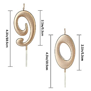 Champagne Gold 90th Birthday Candles for Cake, Number 90 9 Glitter Candle Party Anniversary Cakes Decoration for Kids Women or Men