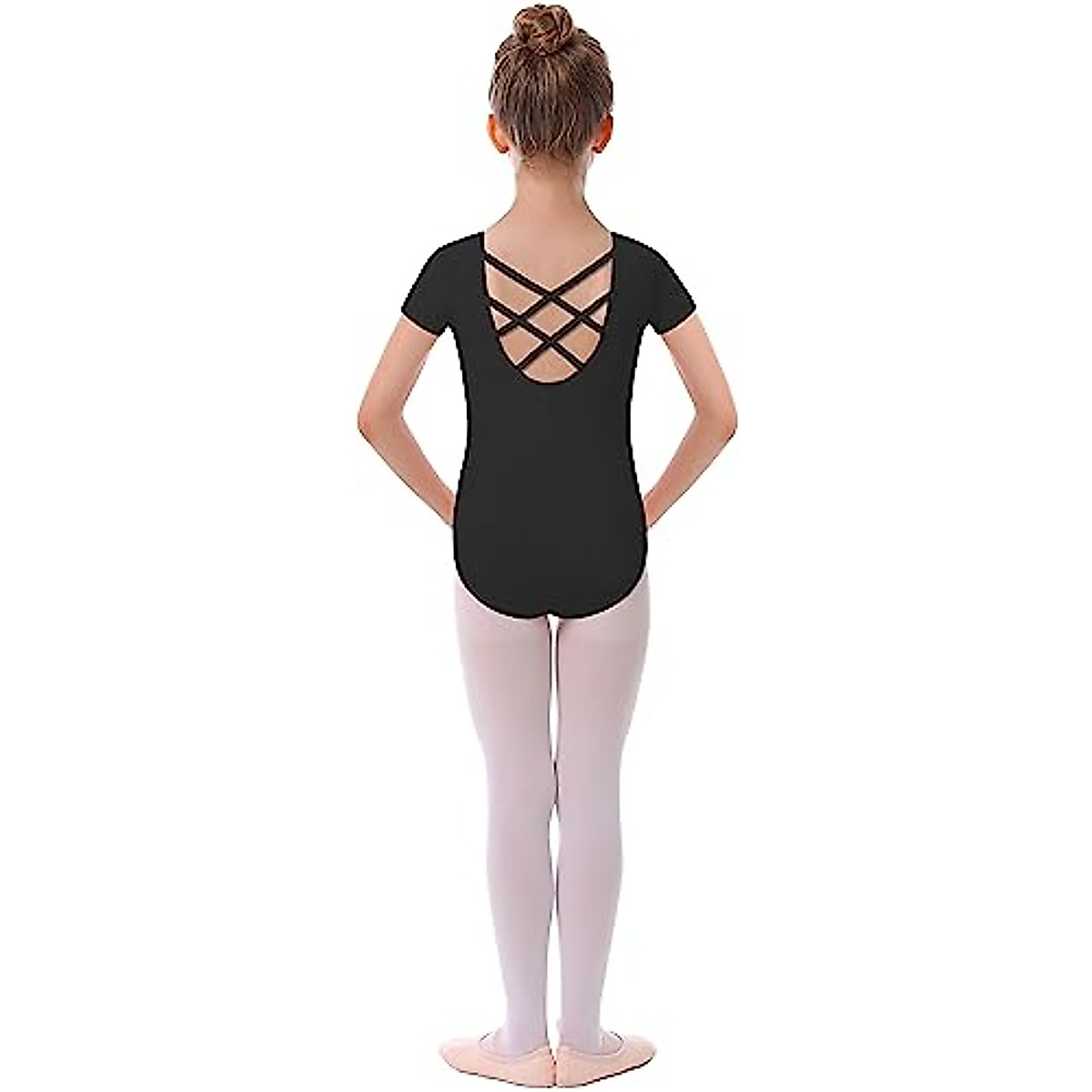 MdnMd Leotards for Girls Kids Dance Ballet Gymnastic Outfit Short Sleeve with Cross Back Detail (Black, Age 6-7)
