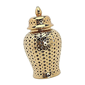 Modern Ceramic Hollow Out Ginger Jar Storage Jar Bud Vase Floral Arrangement Decorative Handicraft Flower Vase with Lid for Home Office Bookshelf Living Room Party Wedding Decor