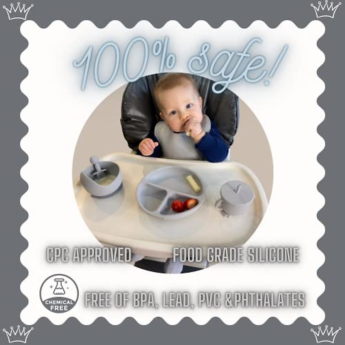 Baby Led Weaning 10 Piece Feeding Eating Supplies | Strong Suction Plate Silicone Cup Snack Lid Drink Lid with Straw Silicone Suction Bowl Bib Spoons Forks Baby Tableware Set 6MonthsToToddler(Grey)