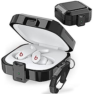 Secure Lock Case for Beats Fit Pro 2021, Carbon Fiber Texture Beats Fit Pro Earbuds Case Cover with Anti-Lost Keychain/Storage Box/Cleaning Brush/Wrist Strap. (Black)