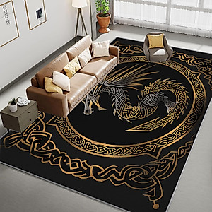 Area Rug for Living Room 5x8 ft, Viking Dragons Celtic Knot Patterns and Runes Print Rugs, Washable Area Rug Low-Pile Carpet, Non-Slip Floor Rugs for Kids Boy Teen Room Home Aesthetic Decor