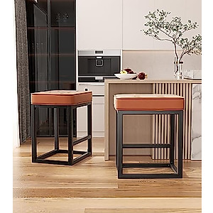 Nalupatio 24" Bar Stools Set of 2 Modern Counter Height Pu Leather Metal Backless for Kitchen Dining Cafe Stool with Footrest (Brown)