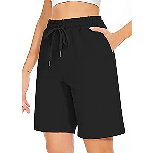 TARSE Women's Bermuda Shorts Plus Size Long Cotton Drawstring Loose with Pockets Knee Length Shorts Yoga Casual Walking Exercise Shorts(Black,XXL)