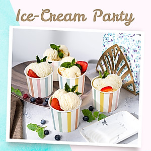 MATICAN Paper Ice Cream Cups, 100-Count 11-Oz Disposable Dessert Bowls for Hot or Cold Food, 11-Ounce Party Supplies Treat Cups for Sundae, Frozen Yogurt, Soup, Pastel Stripes