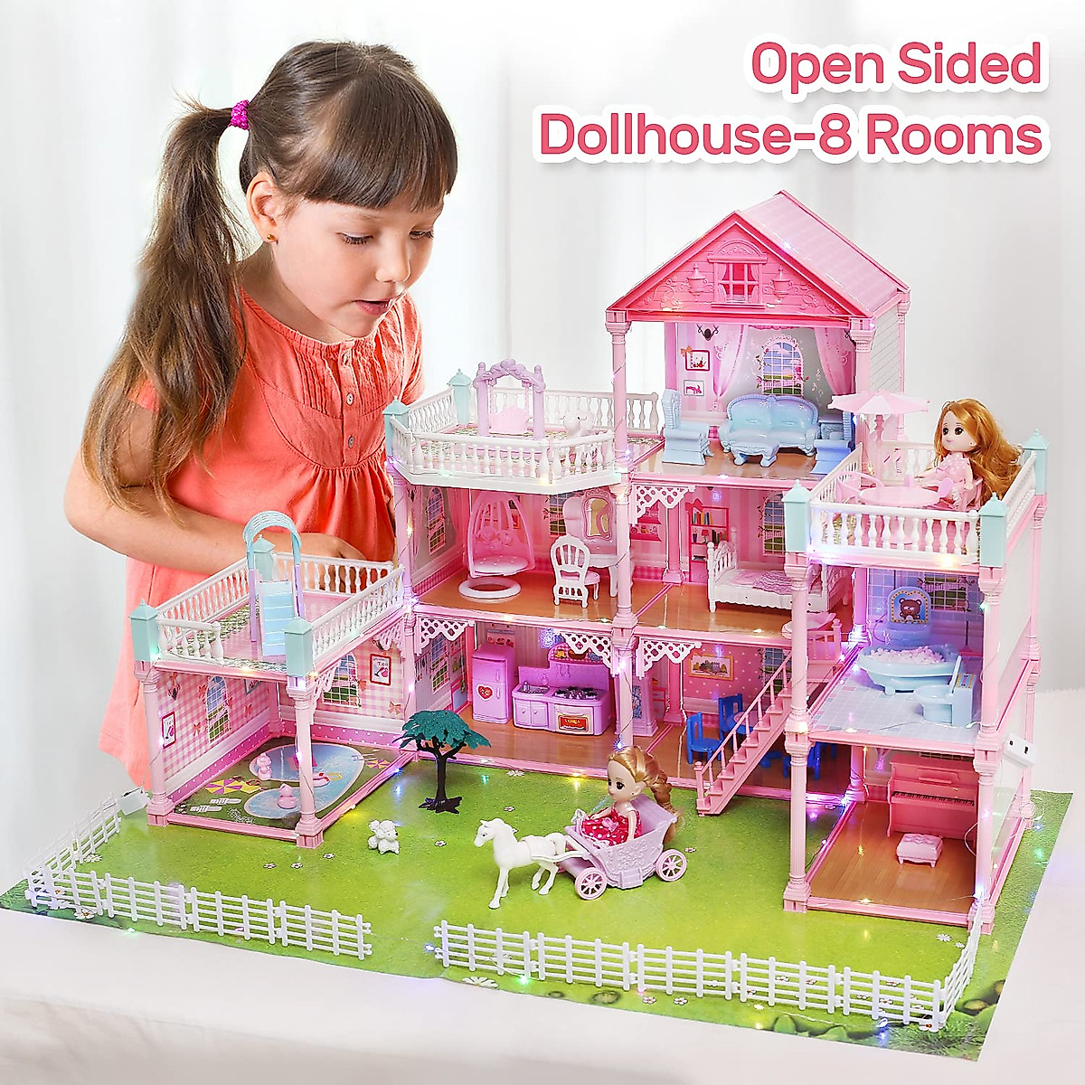 CUTE STONE Dollhouse, Doll House with Flashing Lights, Pretend Play Toddler Dollhouse Sets with 2 Dolls, Furniture, 8 Rooms and Doll Accessories, Creative Gift for Girls, L32 xH23