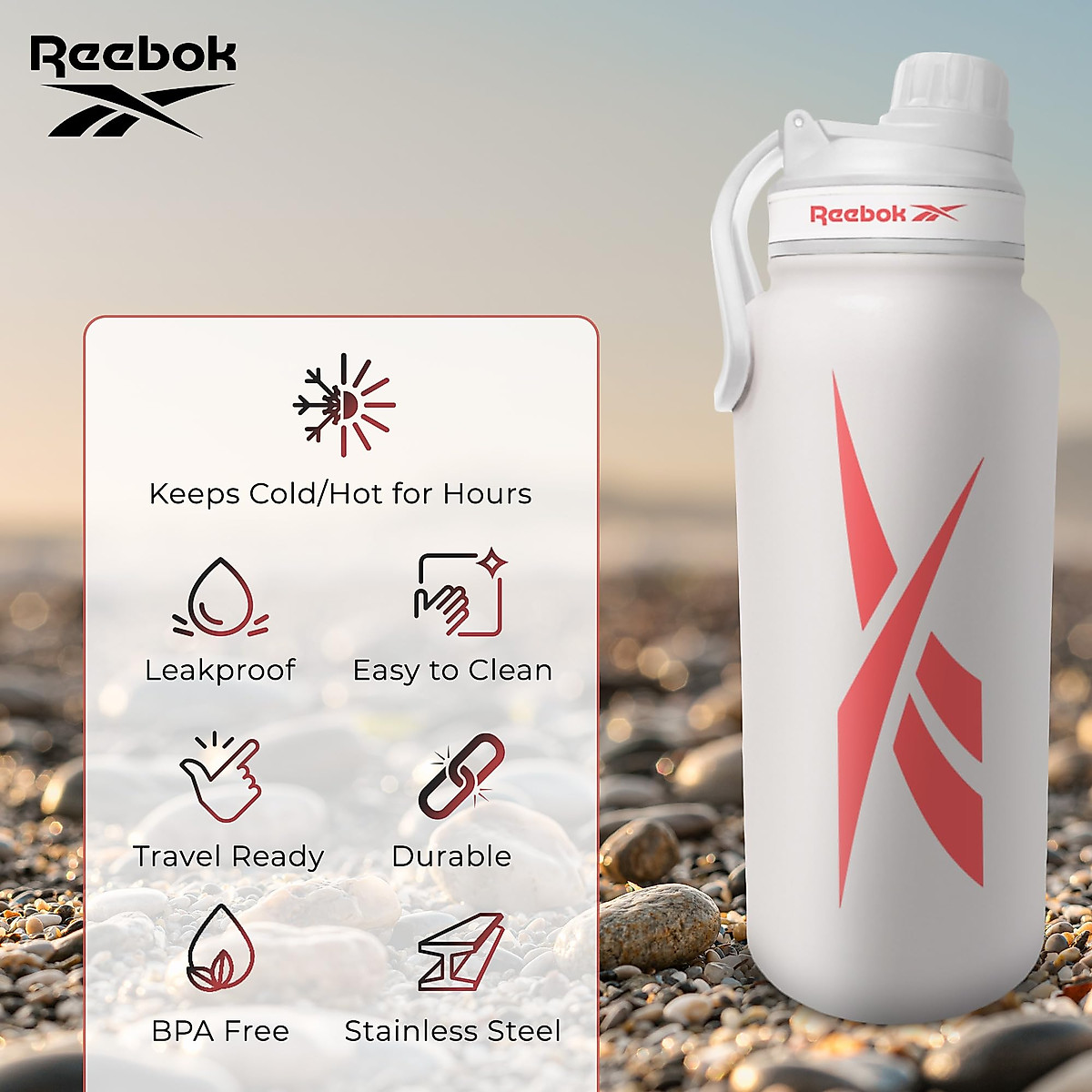Reebok Stainless Steel Water Bottle With Athletic Design - Insulated Water Bottle 40 oz With Chug Lid - Double Wall Vaccum Insulated Sports Water Bottle, BPA Free (White)