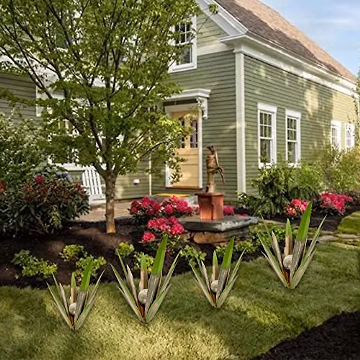 menoha Tequila Rustic Sculpture, DIY Hand Painted Metal Agave Decor with Gazing Ball, Garden Yard Sculpture Lawn Home Ornaments, for Yard Stakes, Garden Figurines, Outdoor Patio (Green 2PCS+2 Balls)