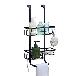 SunnyPoint Classic Metal Bathroom Shower Caddy, Over Door Hanging Storage Organizer Basket (Standard, Black)