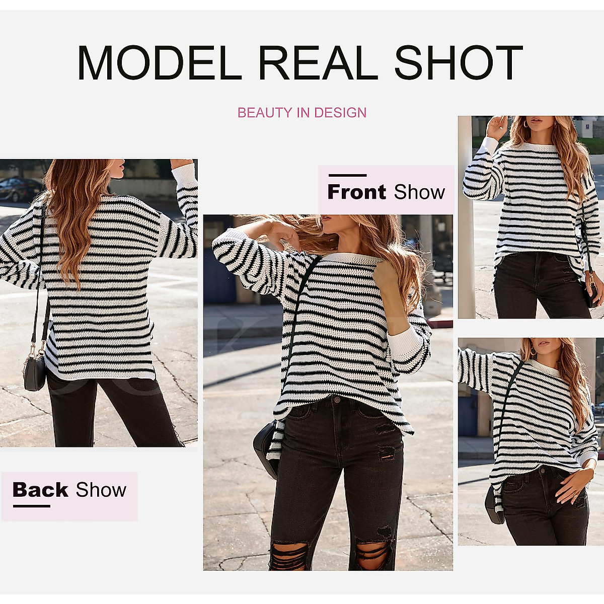 Dokotoo Oversized Crewneck Sweaters for Women 2024 Fall Winter Fashion Color Block Long Sleeve Striped Side Split Sweater Casual Comfy Chunky Knit Pullover Sweaters Tops White Large