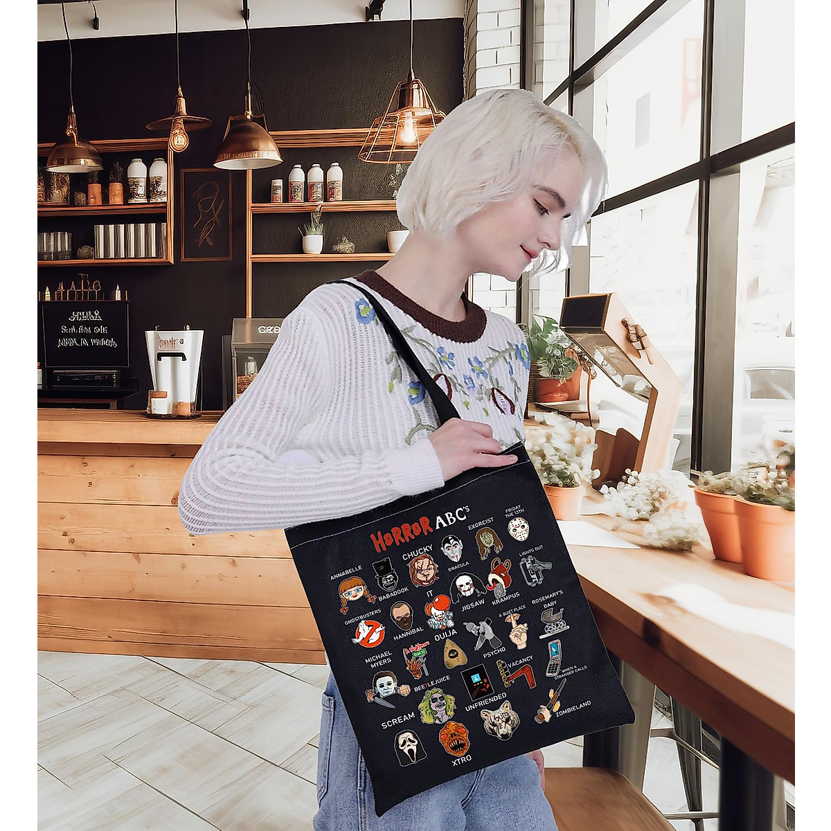 G2TUP Horror Movies Characters Canvas Bag Scary Movies Reusable Tote Bag Halloween Candy Bag (Horror ABC BL TG)