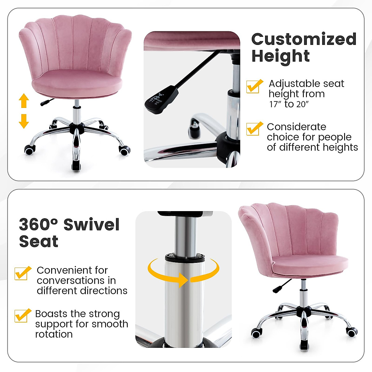 Giantex Velvet Home Office Chair, Modern Cute Shell Back Upholstered Desk Chair with Wheels, Adjustable Swivel Task Chair, Comfy Vanity Chair for Girls Women Bedroom, Pink