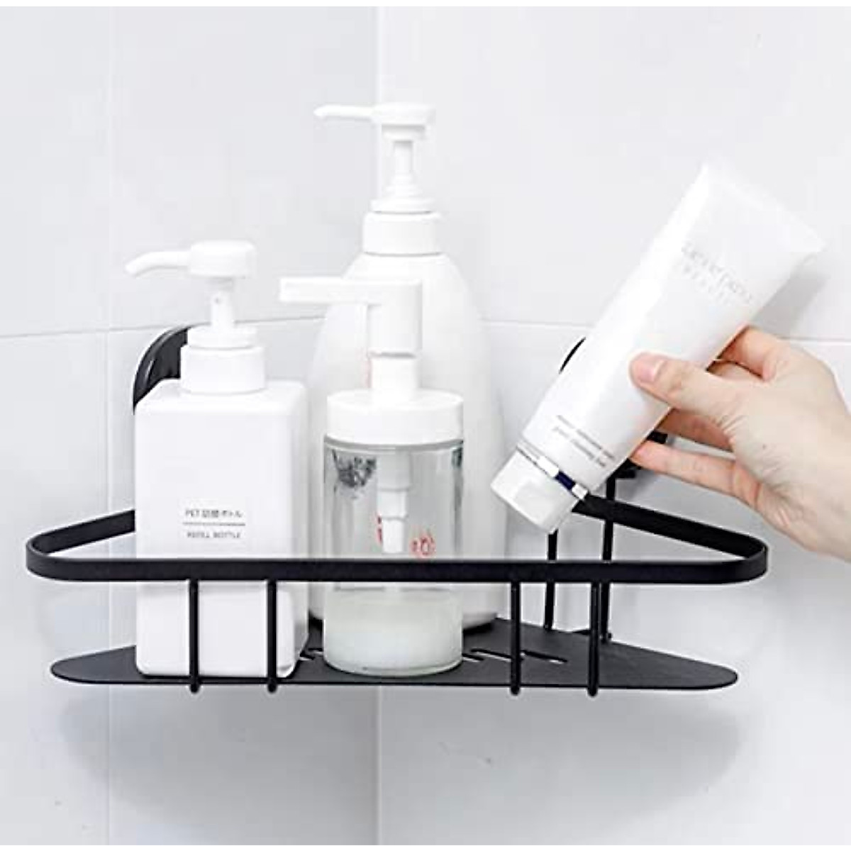 MP PowerGrip RustFree Black Powder Coated Steel Corner Bathroom Shower Shelf, Basket, Caddy Power Suction 4.8 x 5x 3.4 in