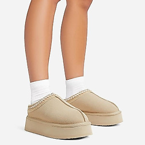 Furcross Women Faux Fur Platform Mini Boots Slippers, Beige, Size 5
