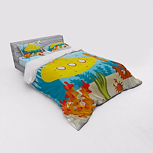 Ambesonne Yellow Submarine Bedding Set, Sea Life Theme with Submarine Fish and a Crab Illustration Print, 4 Piece Duvet Cover Set with Shams and Fitted Sheet, Queen Size, Yellow Pale Blue