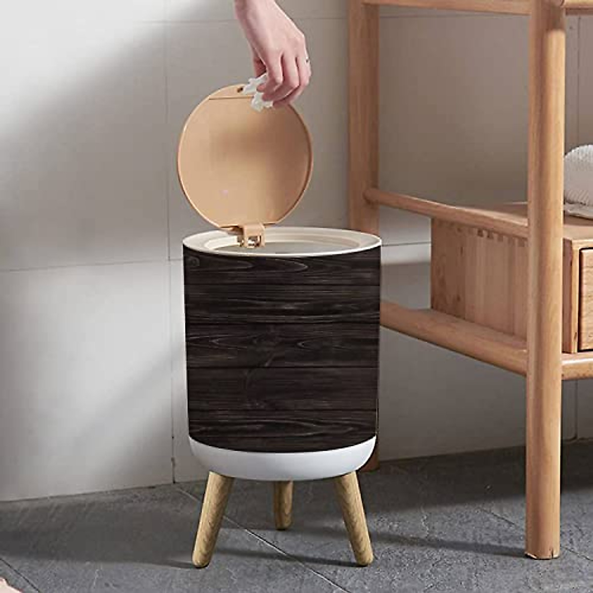 Press Cover Round Trash Bin with Legs Seamless Dark Brown Wooden Old Planks Wood Texture Push Top Trash Can with Lid Dog Proof Garbage Can Wastebasket for Living Room 7L/1.8 Gallon