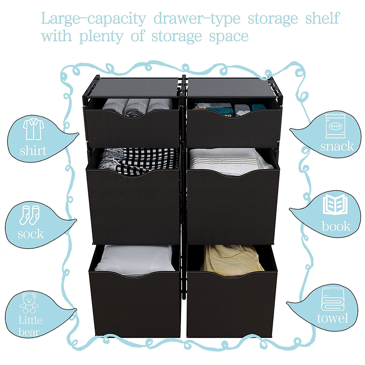 Dttwacoyh Closet Organizers and Storage Shelf Unit with 6 Storage Bins,Stackable Cube Storage Organizer,Drawer Organizers for Clothing,Book,Livingroom(Black)
