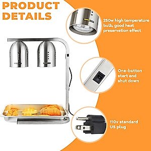 VIHOSE Commercial Food Heat Lamp with 2 Food Pans 110V Electric Food Warmer 2 Bulbs Stainless Steel Heat Lamp Adjustable Frame for Food Preservation Restaurant Buffet Hotel Kitchen Party, Silver